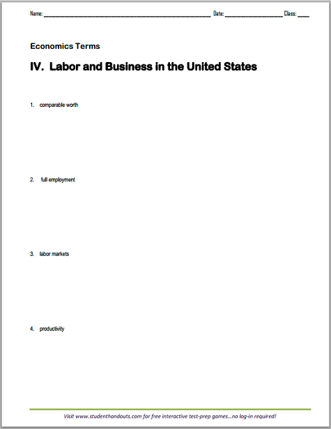 Economics Terms Worksheet: Labor and Business in the U.S. | Student ...