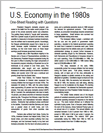 U.S. Economy in the 1980s Reading with Questions | Student Handouts