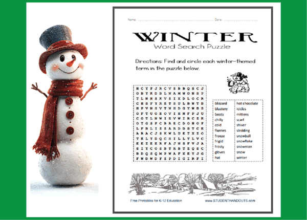 Frosty The Snowman Word Search Winter Word Search Puzzle Activity
