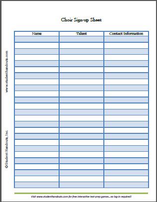 Free Printable Choir Sign-up Sheet | Student Handouts
