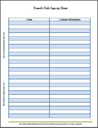 Free Printable French Club Sign-up Sheet | Student Handouts