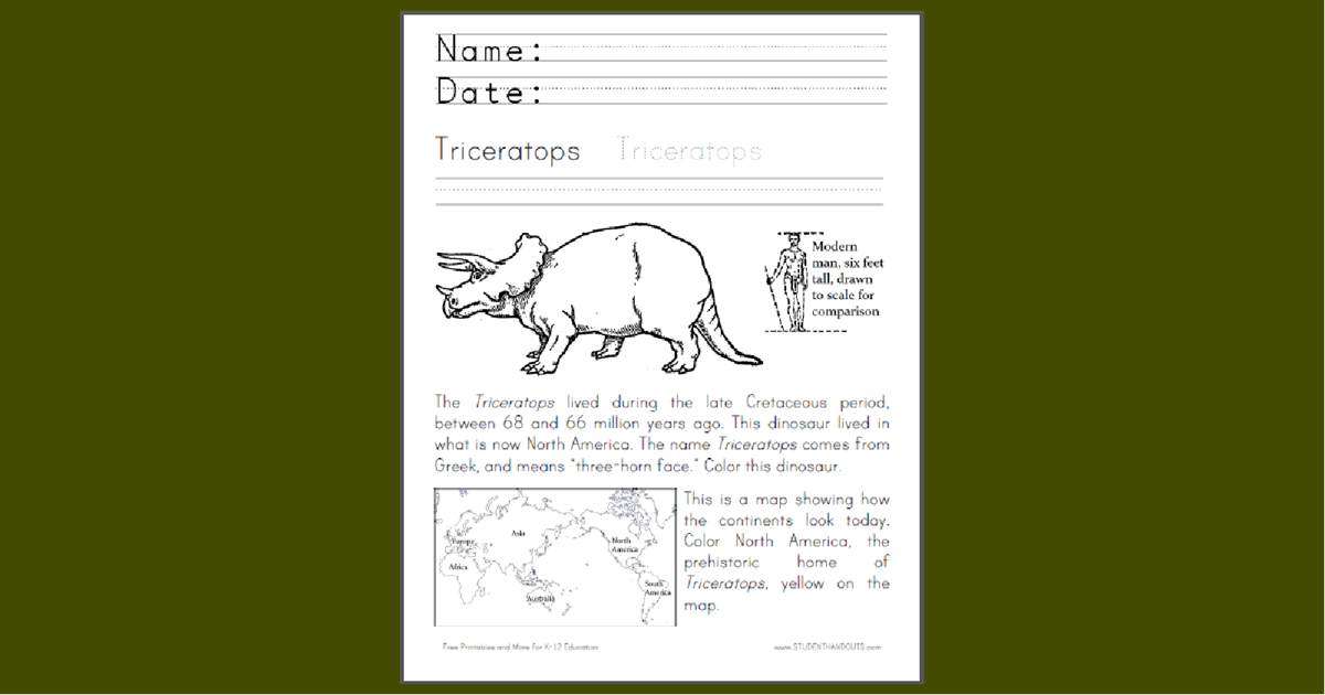 Triceratops Worksheet with Map and Coloring | Student Handouts