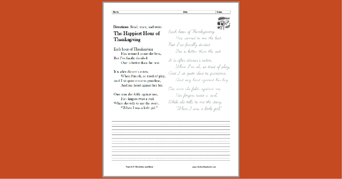 Happiest Hour of Thanksgiving Poem Cursive Handwriting Worksheet ...