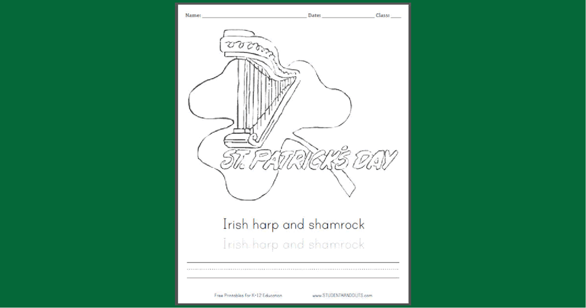 Irish Harp and Shamrock Coloring Sheet | Student Handouts