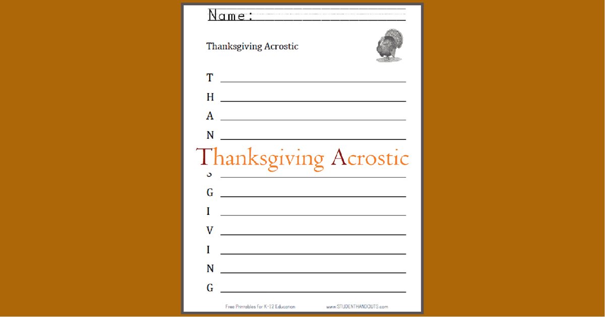 Thanksgiving Acrostic Poem Worksheet | Student Handouts