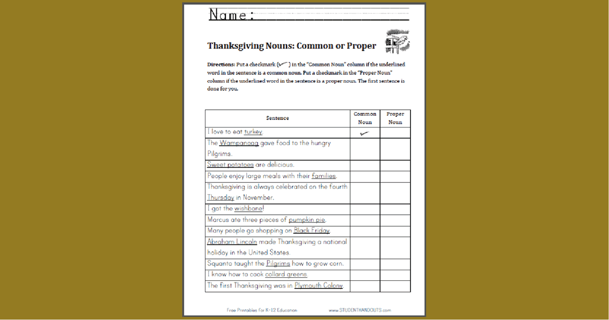Thanksgiving Nouns Common or Proper Worksheet | Student Handouts