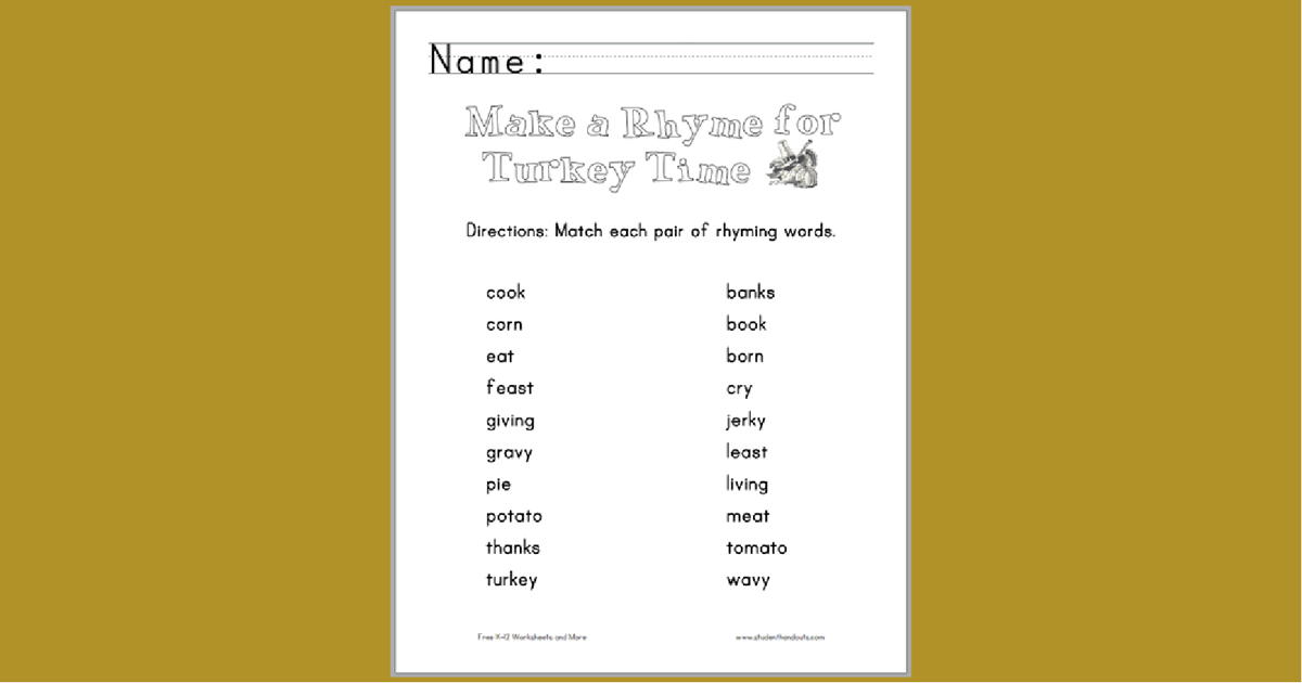 Thanksgiving Rhyming Words Worksheet | Student Handouts