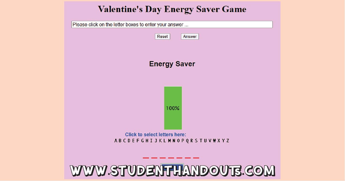 Valentine's Day Energy Saver Game | Student Handouts