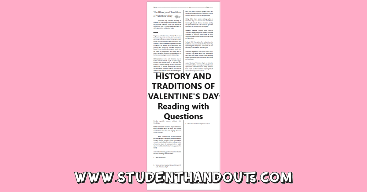History of Valentine's Day Reading Worksheet PDF | Student Handouts