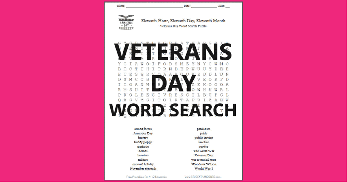 Veterans Day Word Search Activity With Answer Key Happy Veterans Day