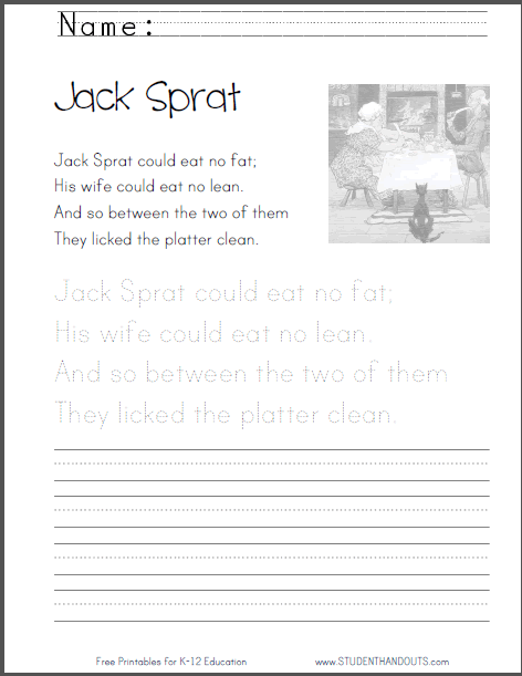 Jack Sprat Nursery Rhyme Worksheet | Student Handouts