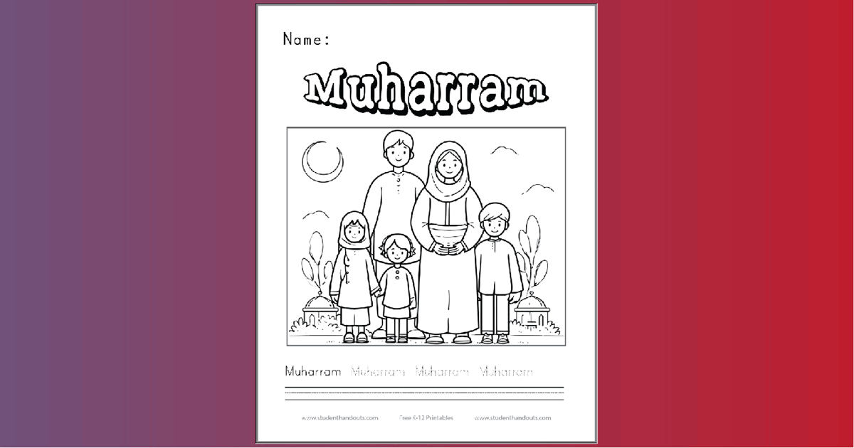 Muharram Coloring Page with Handwriting Practice | Student Handouts