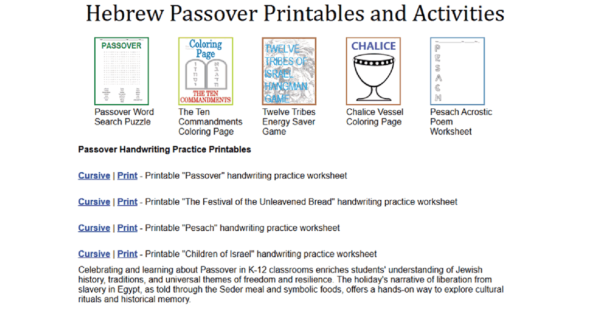 Hebrew Passover Printables and Activities | Student Handouts