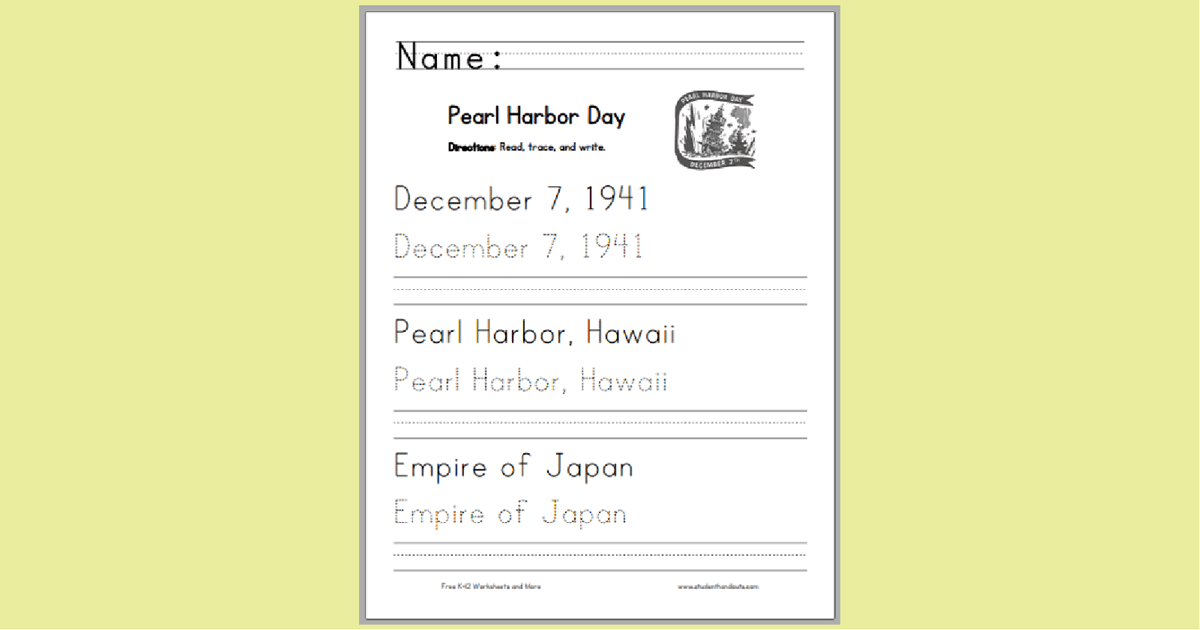 Pearl Harbor Day Handwriting and Spelling Worksheet | Student Handouts