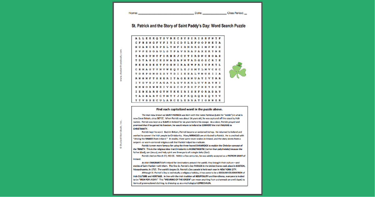 Story of Saint Patrick’s Day Word Search PDF | Student Handouts