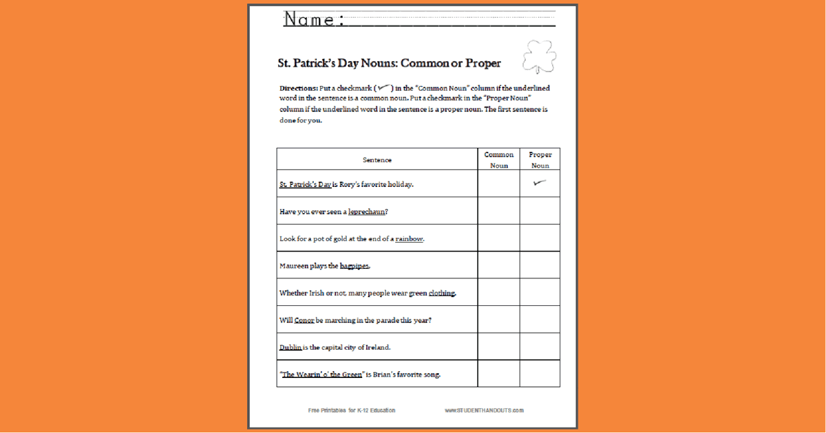 Saint Patrick's Day Common and Proper Nouns Worksheet | Student Handouts
