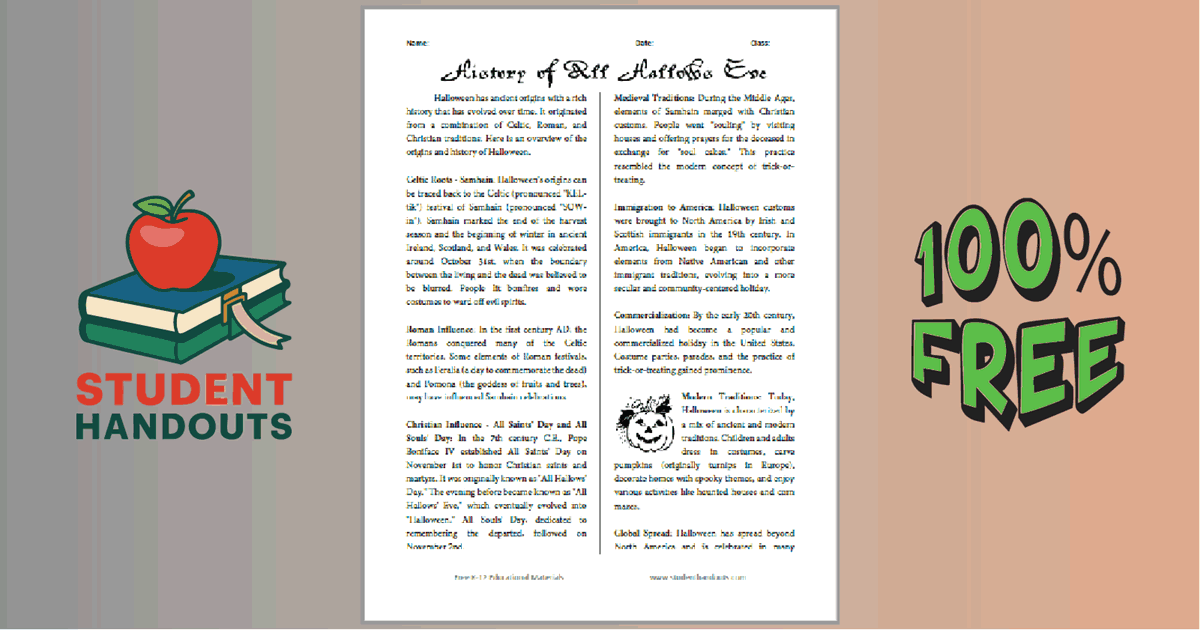 History of All Hallows' Eve Printable Worksheet | Student Handouts