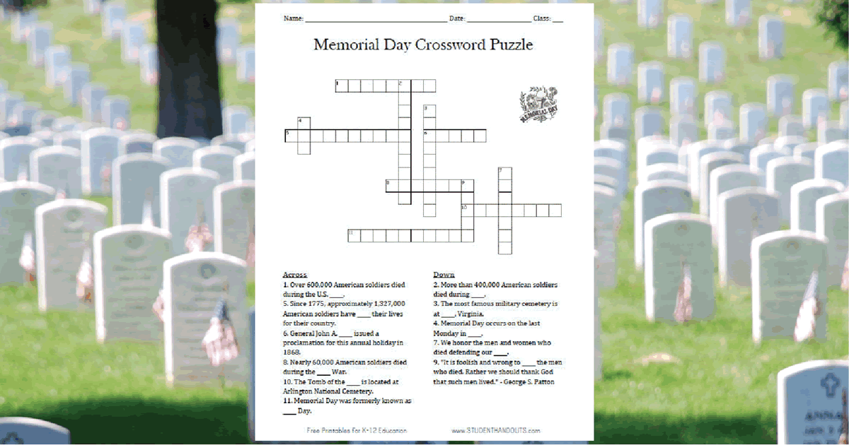 Memorial Day Crossword Puzzle PDF Printable | Student Handouts