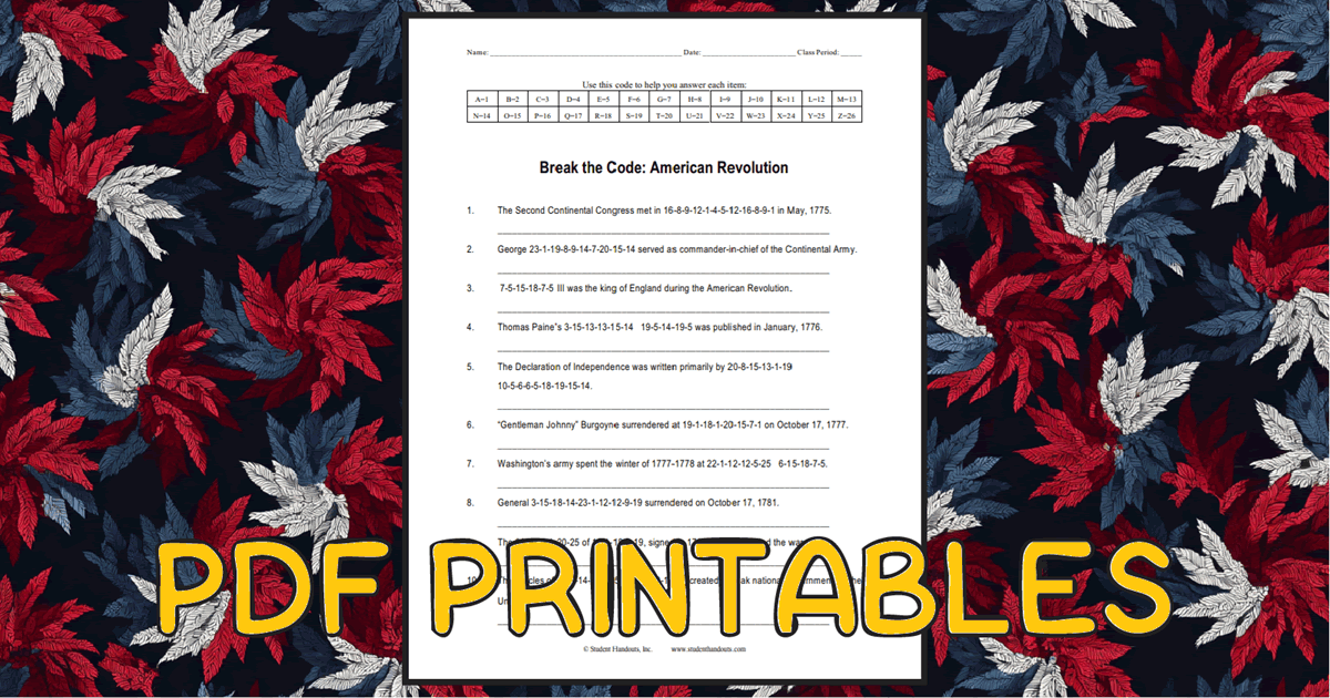 Revolutionary War Cryptogram Worksheets | Student Handouts