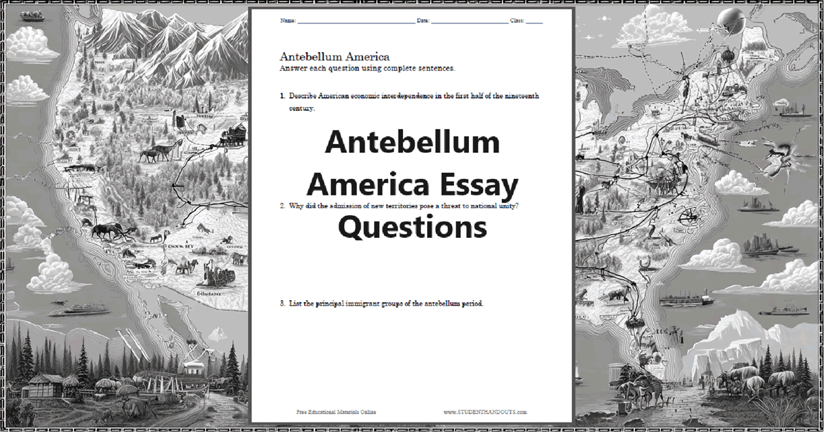 Antebellum America Essay Questions Printable | Student Handouts