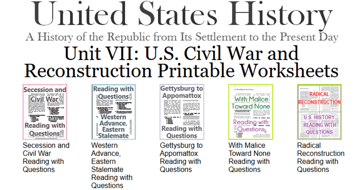 Civil War and Reconstruction Printable Worksheets | Student Handouts
