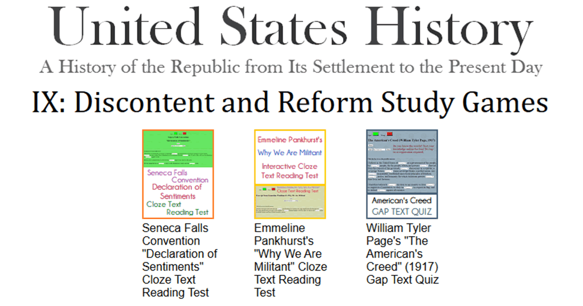 Discontent and Reform Study Games for U.S. History | Student Handouts