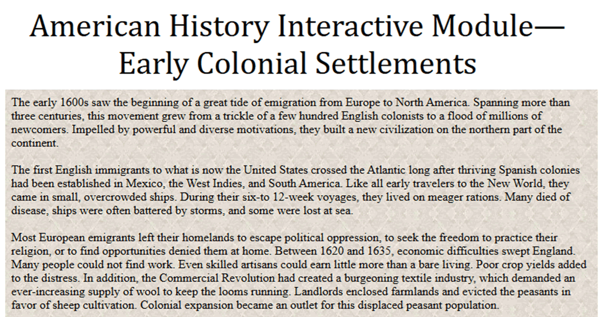Early Colonial Settlements Interactive Module | Student Handouts