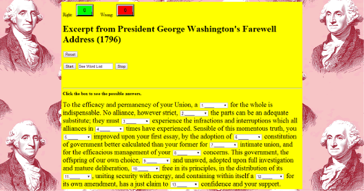 George Washington's Farewell Address Gap Text Quiz | Student Handouts