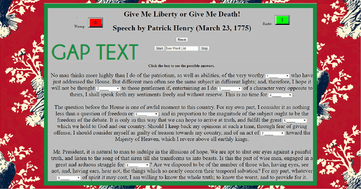 Give Me Liberty or Give Me Death Gap Text Quiz Game | Student Handouts
