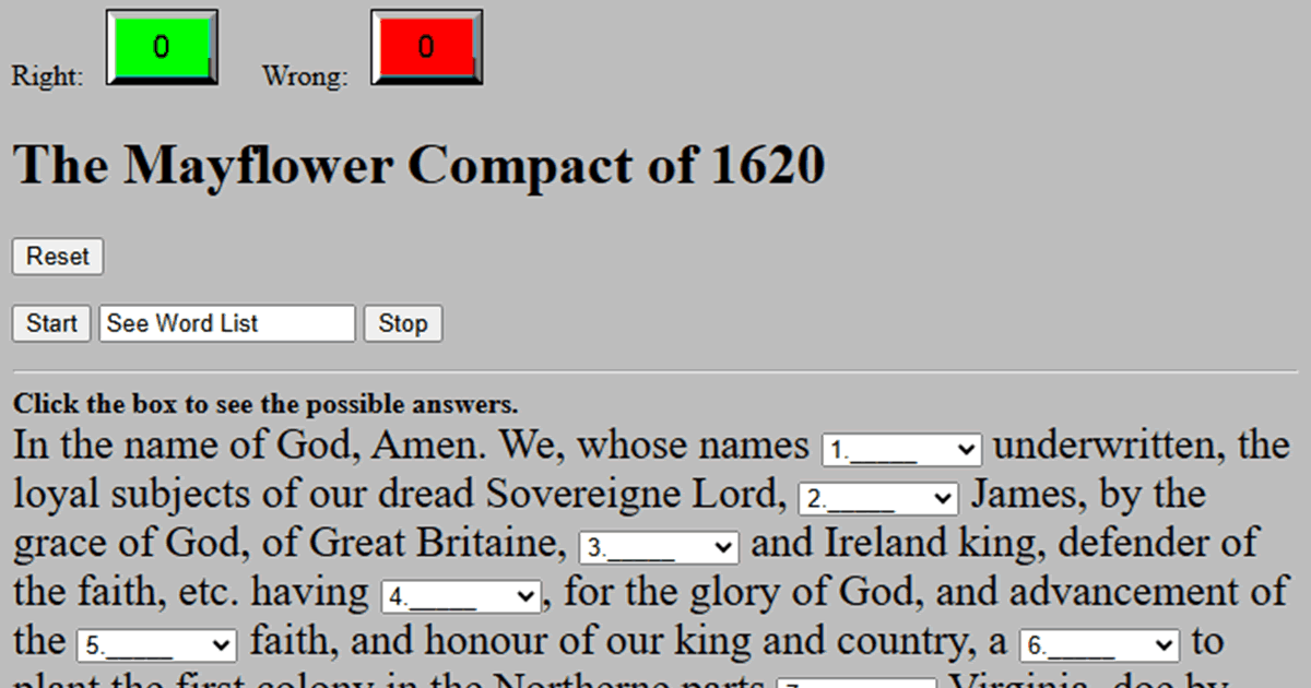 Mayflower Compact of 1620 Gap Text Quiz Game | Student Handouts