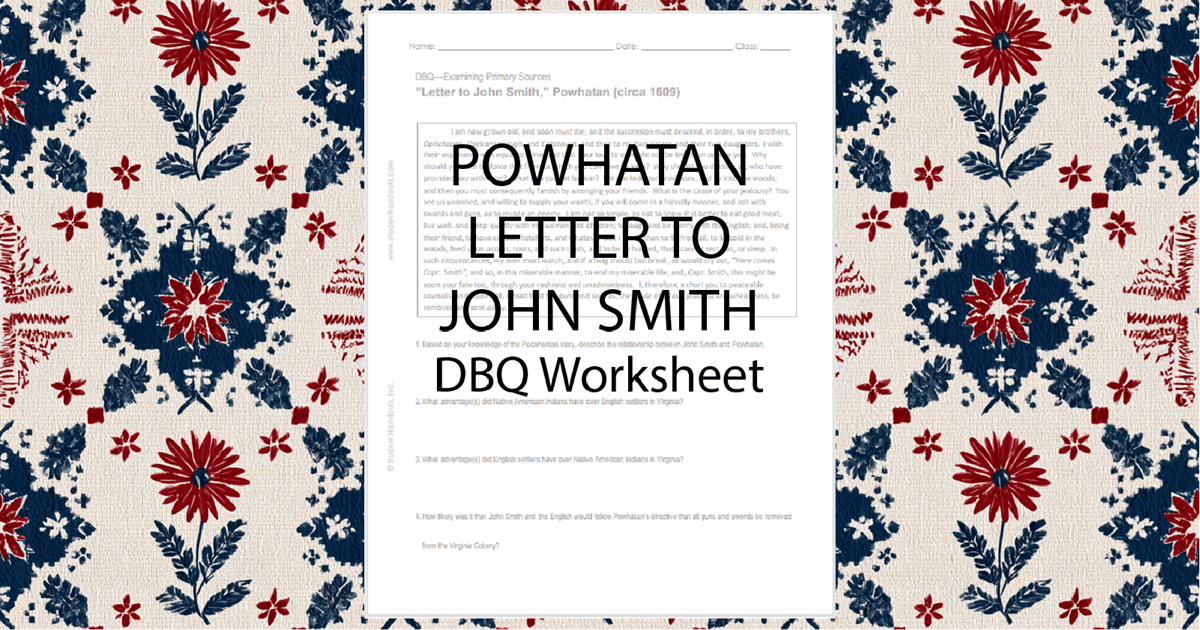 Powhatan Letter to John Smith DBQ Worksheet | Student Handouts