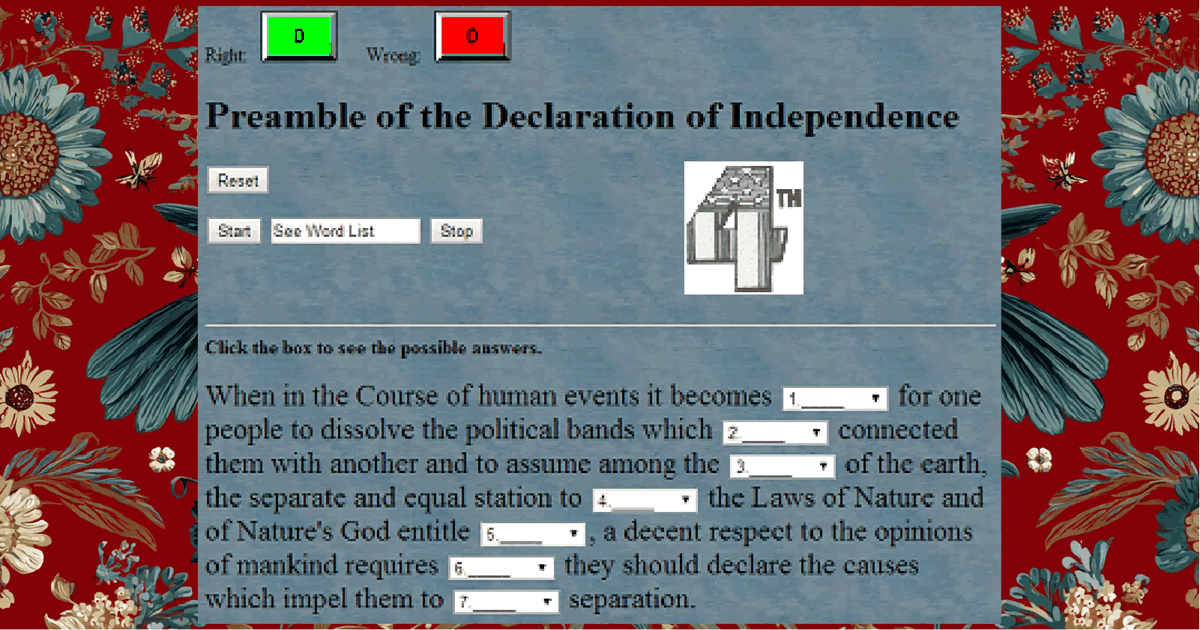 Declaration of Independence Preamble Gap Text Quiz | Student Handouts