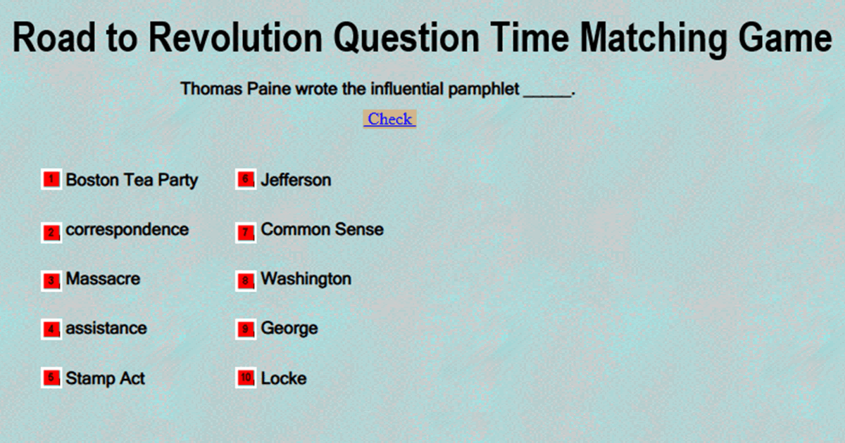 Road to Revolution Question Time Matching Game | Student Handouts