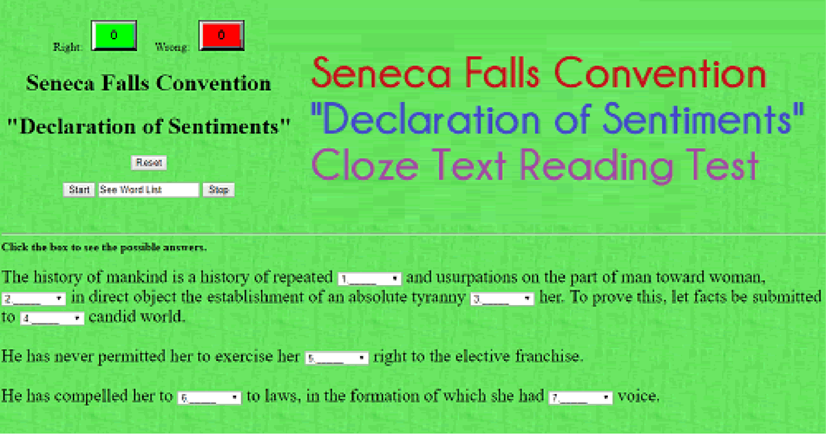 Seneca Falls Convention Declaration Gap Text Quiz | Student Handouts