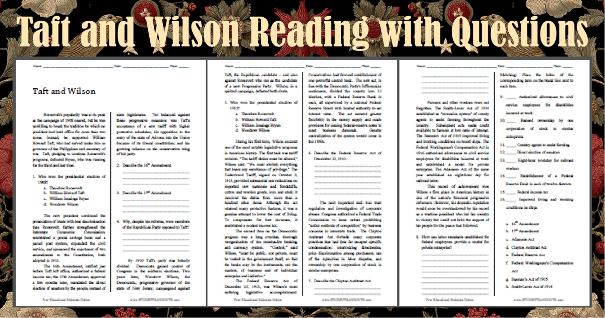 Taft and Wilson Reading with Questions | Student Handouts