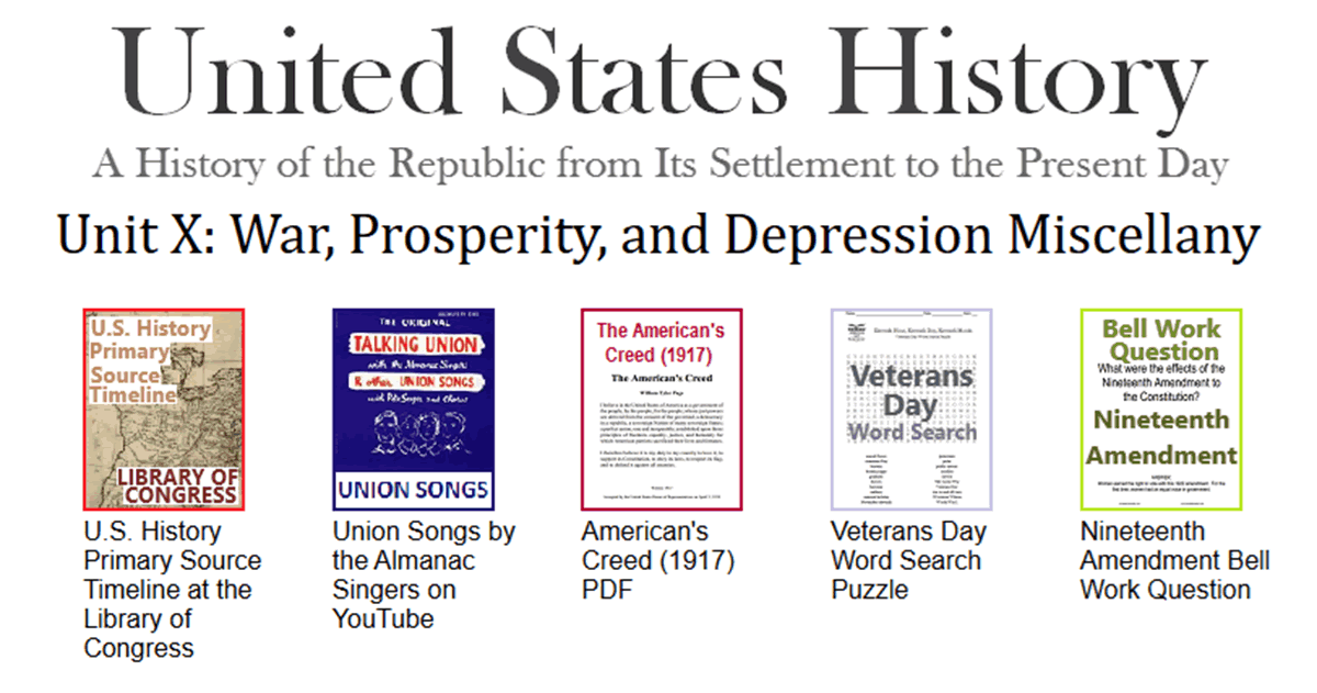 War, Prosperity, and Depression Miscellany | Student Handouts