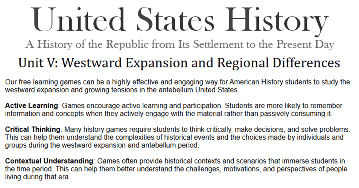 Westward Expansion and Regional Differences Learning Games | Student ...