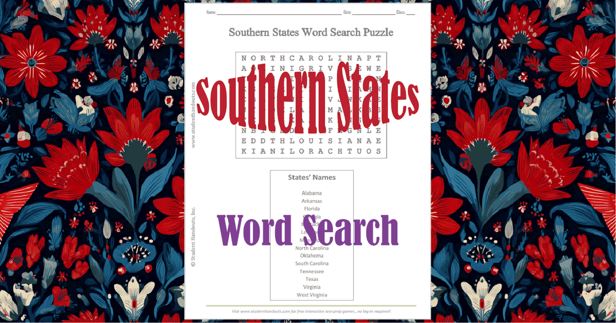Southern States Word Search Puzzle | Student Handouts