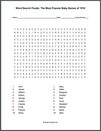 Most Popular Baby Names Of 1910 Word Search Puzzle