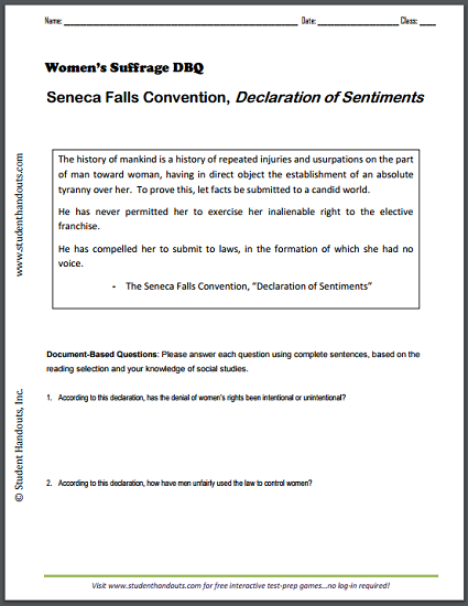 Seneca Falls Convention, Declaration of Sentiments DBQ