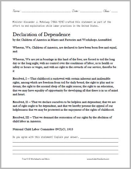 Declaration of Dependence (1913) Child Labor DBQ | Student Handouts