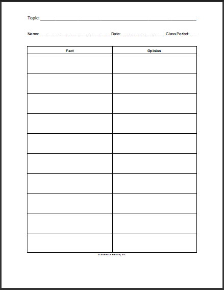 Fact and Opinion Chart Worksheet | Student Handouts