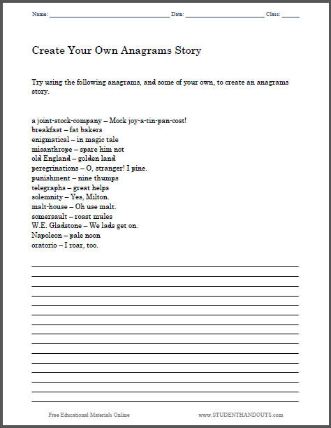 Create Your Own Anagrams Story Worksheet Free To Print PDF File 