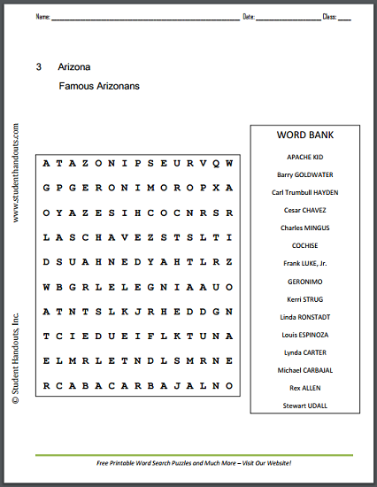 Famous Arizonans Word Search Puzzle | Student Handouts
