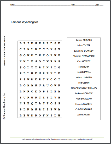 Famous Wyomingites - Word Search Puzzle | Student Handouts