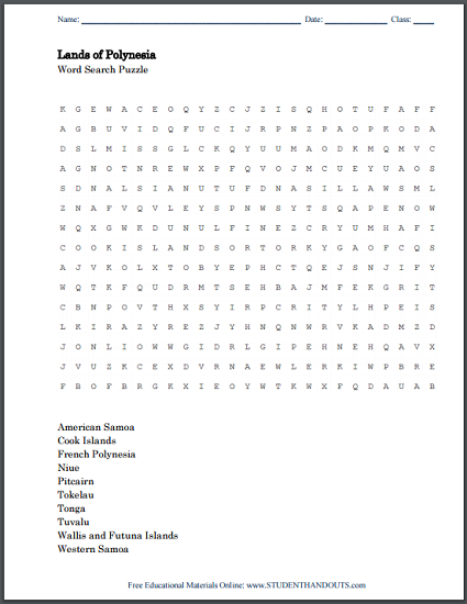 Lands of Polynesia Word Search Puzzle | Student Handouts