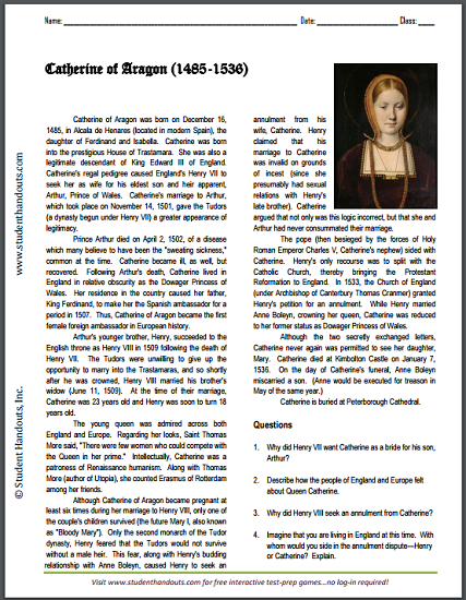 Catherine of Aragon Reading Worksheet | Student Handouts