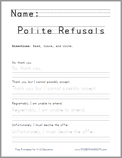 Polite Refusals Handwriting Worksheet In Print Or Cursive Student 