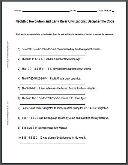 Neolithic Revolution Decipher-the-code Puzzle Worksheet | Student Handouts Neolithic Revolution Decipher-the-code Puzzle Worksheet | Student Handouts