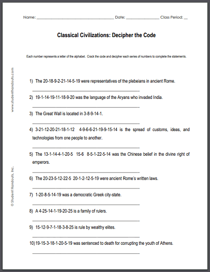 Classical Civilizations Decipher-the-Code Puzzle Worksheet | Student ...